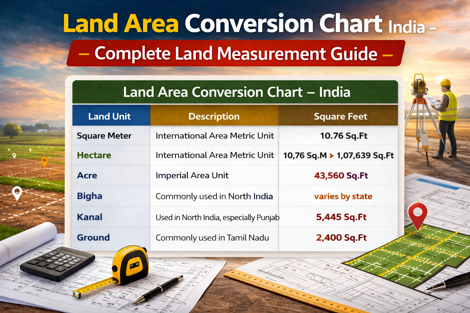 Land Area Conversion Chart India – Complete Land Measurement Guide